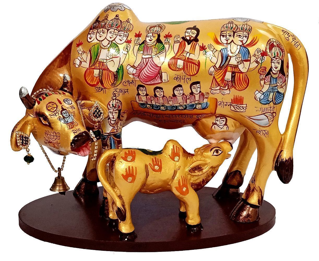 Resin Idol Kamdhenu Wish Cow & Calf: Hindu Gods Painted Good Luck ...