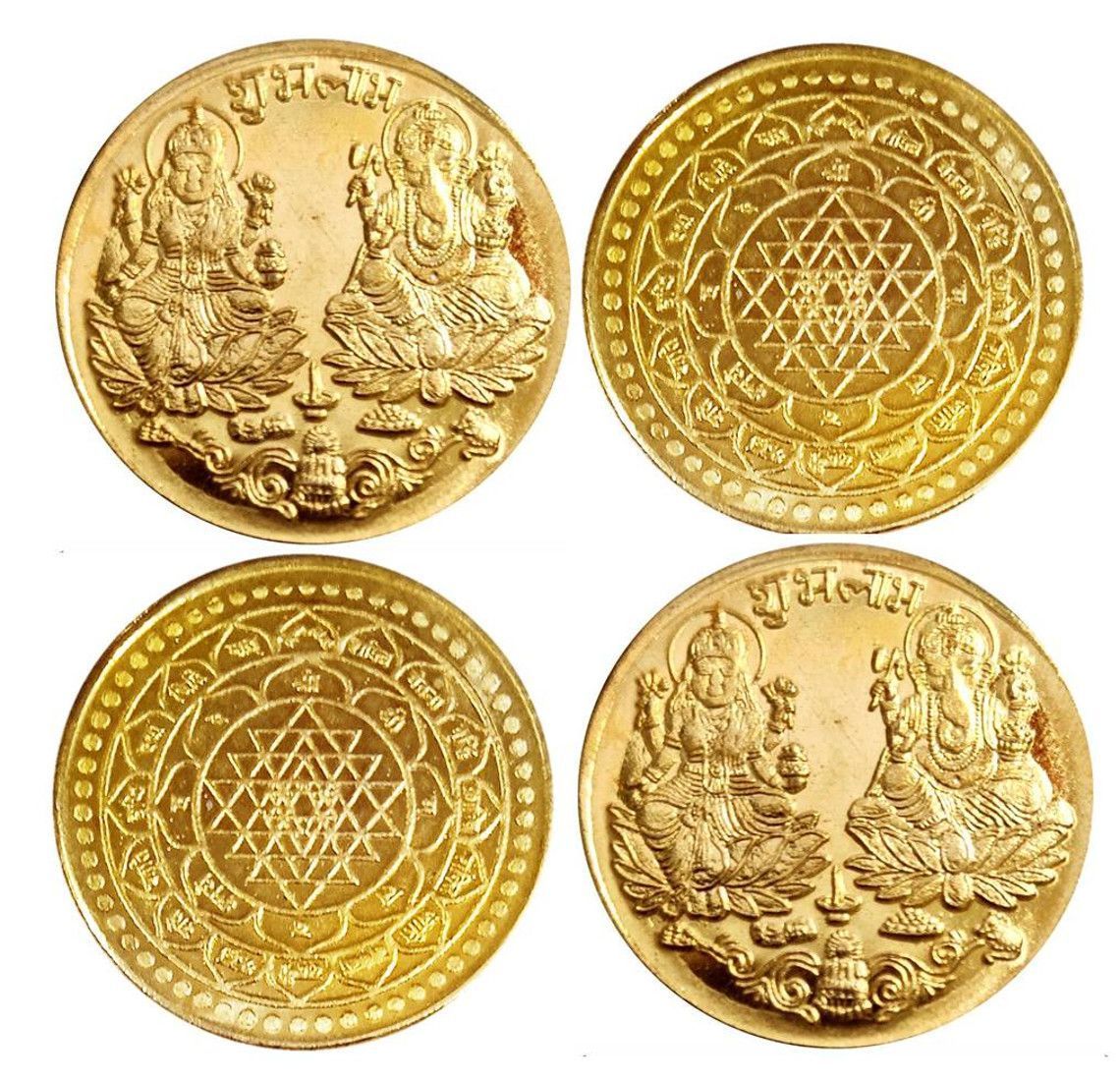 Metal Coins Lakshmi Ganesha & Shri Yanta (Set Of 4): Gold Finish Coins ...